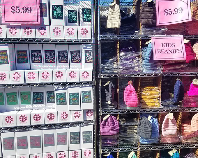 Faith-based merchandise alongside colorful beanies&mdash;the Canton Market's version of "something for the soul and something for your head."