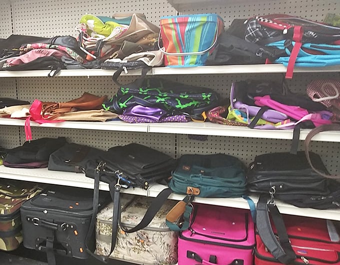 The handbag section offers a colorful array of leather, canvas, and synthetic options, each with stories from previous adventures tucked in their pockets.