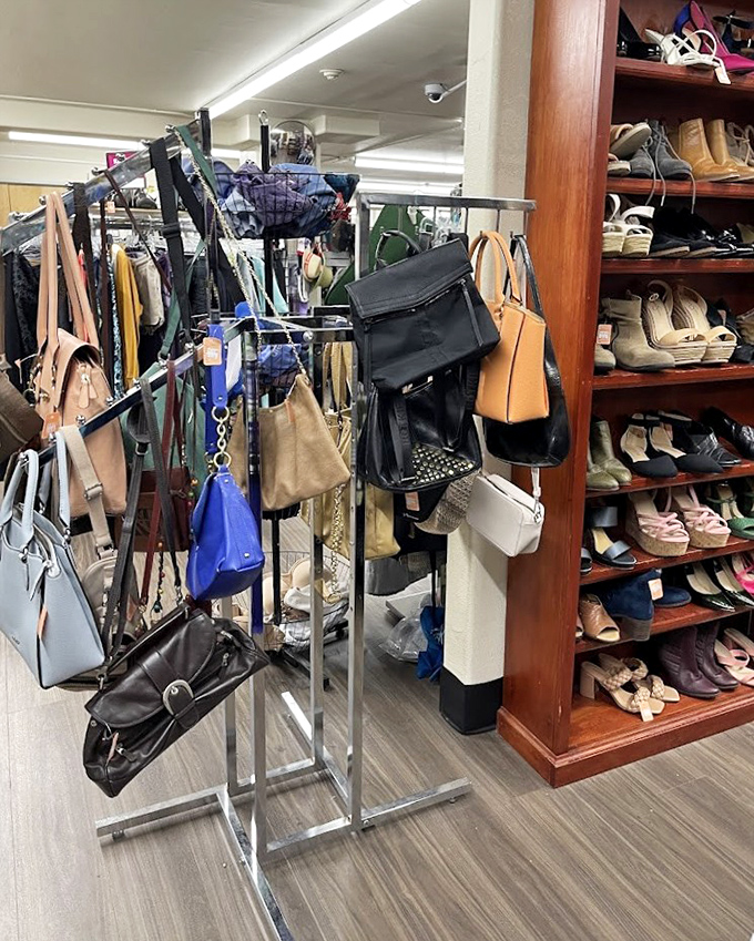 Handbag heaven meets shoe paradise in this corner. That leather messenger bag probably carried someone's screenplay before it carries your laptop.