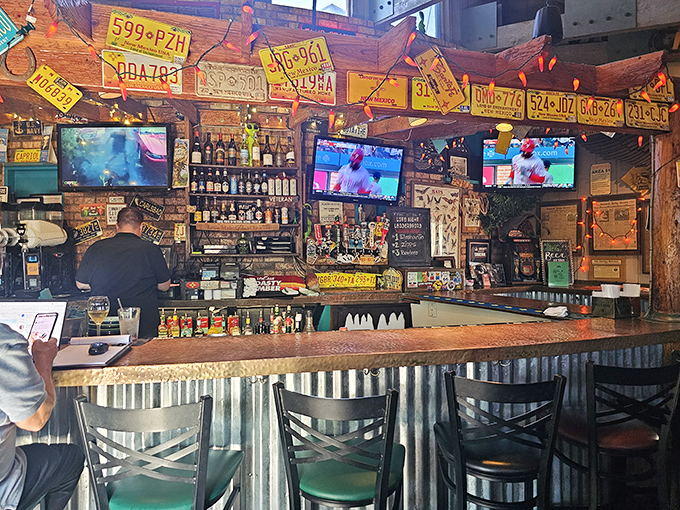 License plates as d&eacute;cor? Genius! This bar feels like the coolest roadside discovery on a cross-country trip you never want to end.