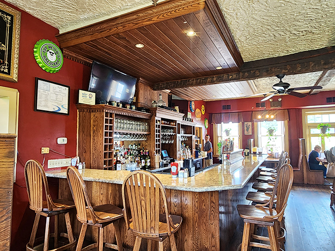 The bar's wooden craftsmanship tells stories of countless elbows that have leaned, glasses that have clinked, and friendships that have formed.