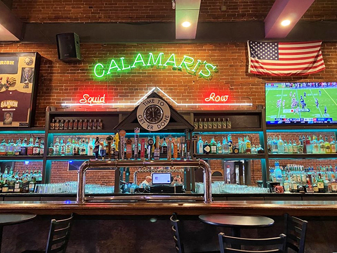 Where bottles line up like soldiers ready for duty. The "Time to Get Drunk" clock suggests it's always happy hour somewhere.