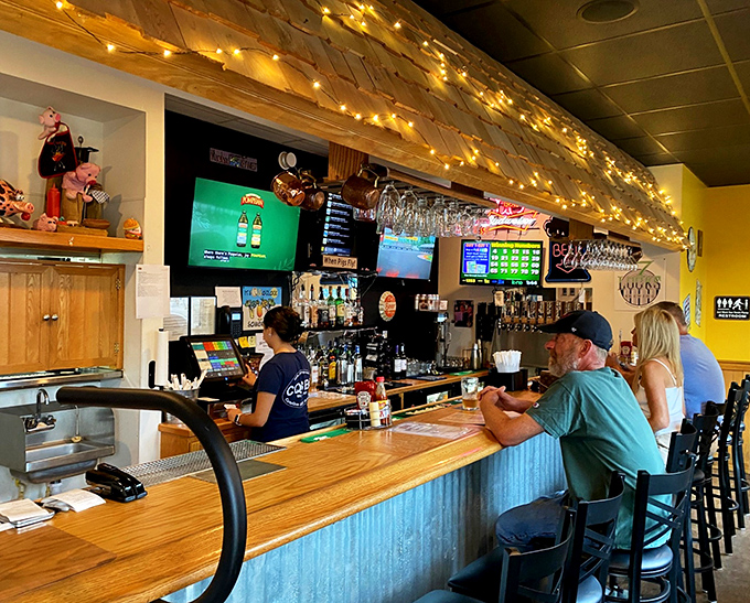 The bar area glows with promise, like a beacon for the barbecue faithful. Those string lights aren't decoration&mdash;they're celebration illumination.