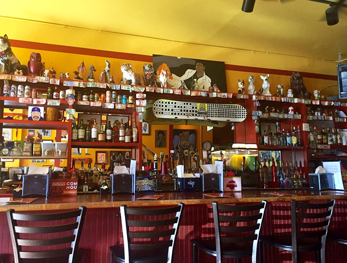 This bar doesn't just serve drinks&mdash;it curates experiences. Those figurines are silently judging your hot dog topping choices. 