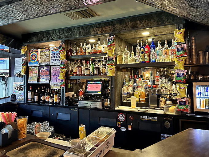 The cocktail lounge side of Knapp's reveals its evening personality&mdash;bottles lined up like old friends ready to join your conversation.