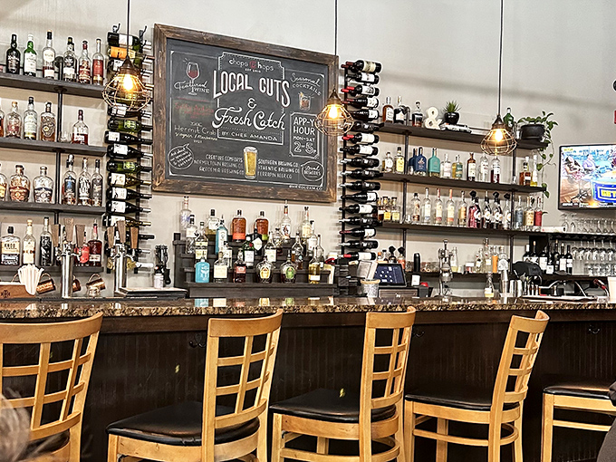 A well-stocked bar with a chalkboard menu that changes more often than Georgia weather.