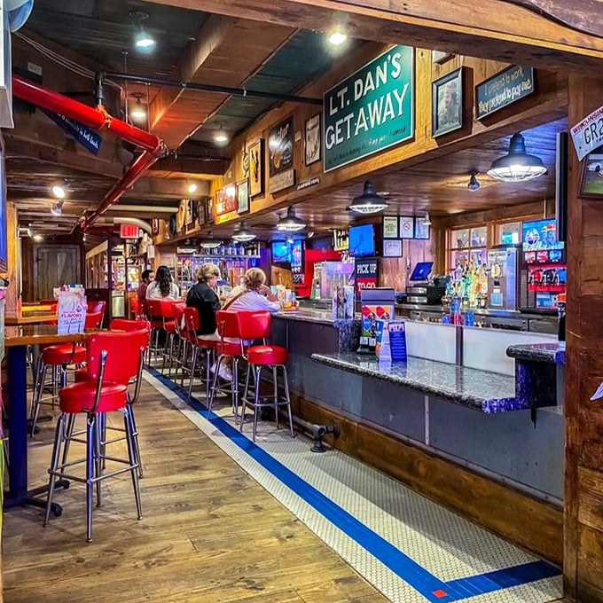 "Lt. Dan's Getaway" bar isn't just serving drinks; it's offering liquid permission to forget you're in the middle of Manhattan madness.