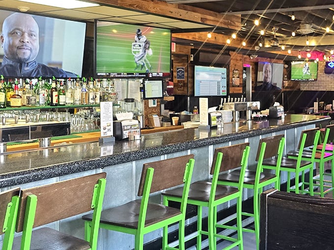 The bar area glows with possibility&mdash;where sports on TV and pizza on plates create the perfect formula for contentment.