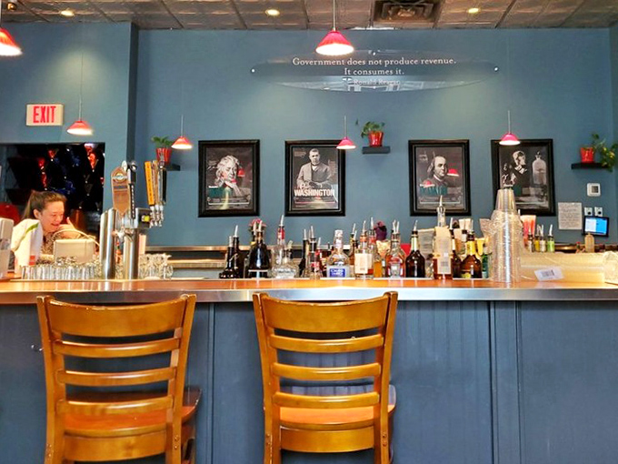 The bar area showcases historical figures watching over patrons, perhaps judging your drink order with the wisdom of centuries.