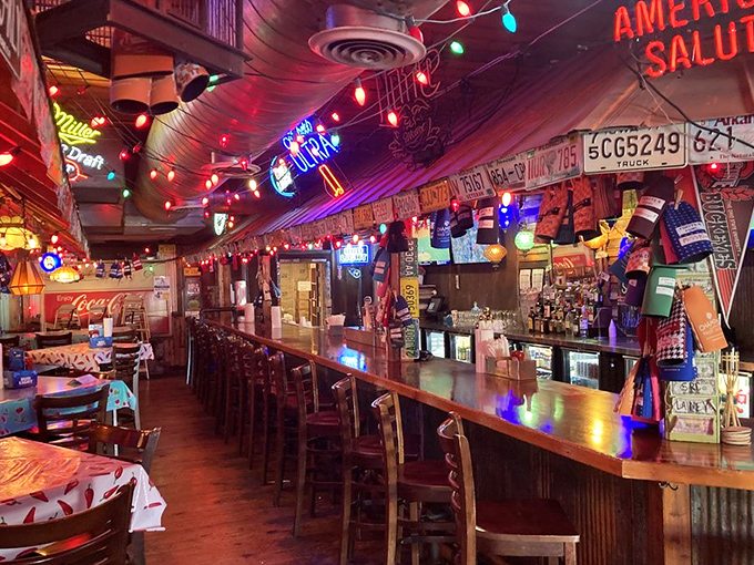 The bar stands ready to pour cold beverages that know their job is supporting the star of this show.