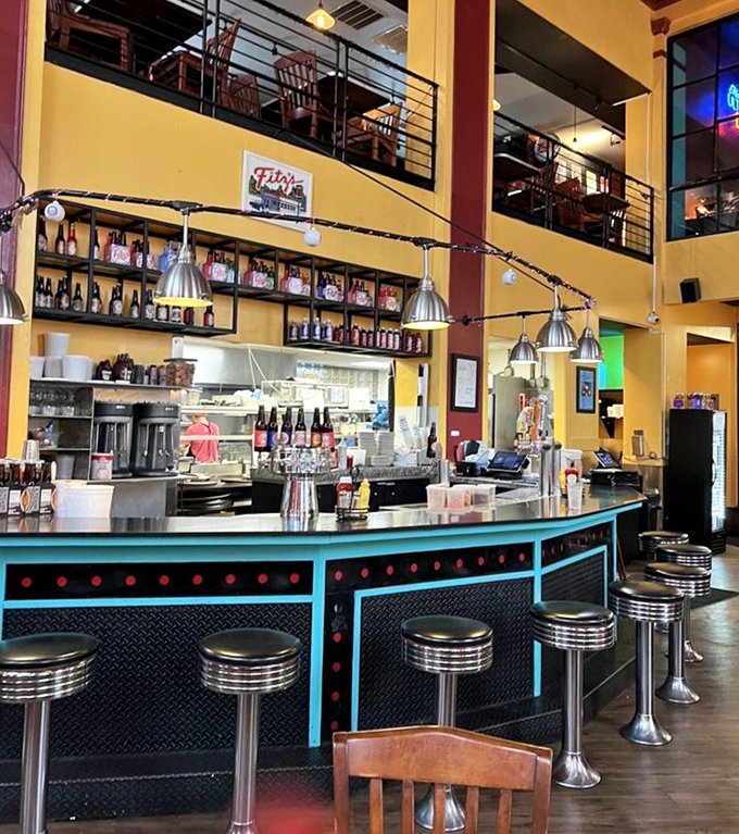 Classic chrome stools line the counter, inviting solo diners to perch and watch the culinary theater unfold. Dinner and a show, St. Louis style!