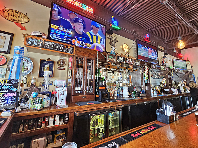 A bar that balances sports-watching practicality with old-world charm. The tap handles stand ready like soldiers awaiting delicious deployment orders.