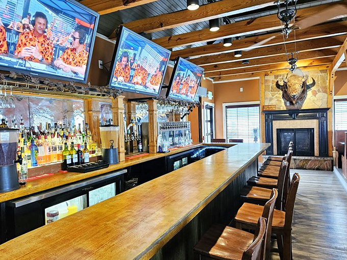 The bar area where stories flow as freely as the drinks. That buffalo head on the wall has heard it all and keeps the mining theme authentic.