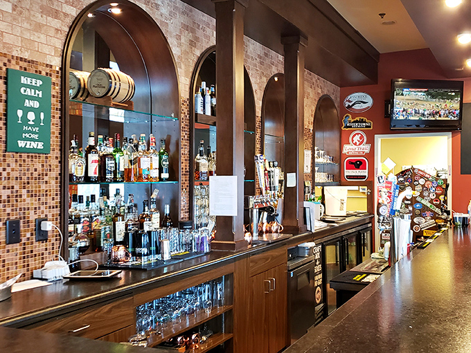The bar area's brick backdrop and barrel accents create that perfect "I'll just have one more" atmosphere that turns lunch into an afternoon affair.