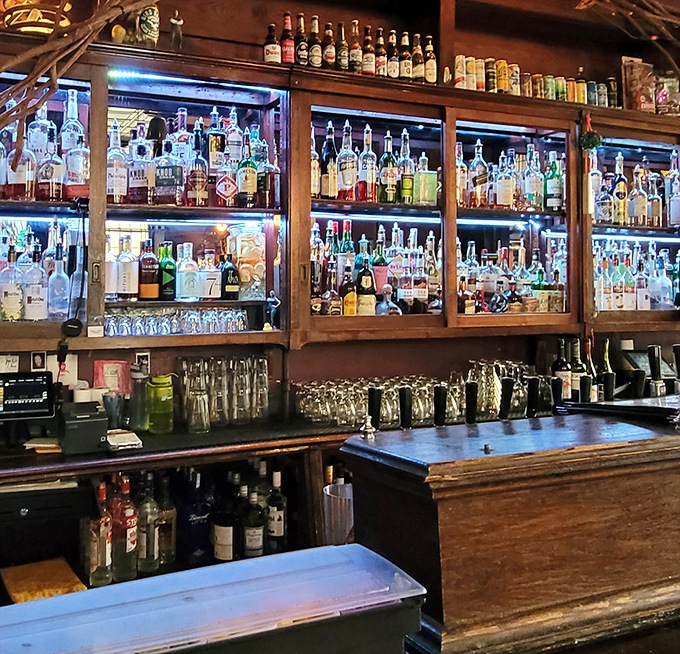 Bottle ballet behind the bar. The backlit display transforms ordinary spirits into an extraordinary light show for thirsty patrons.