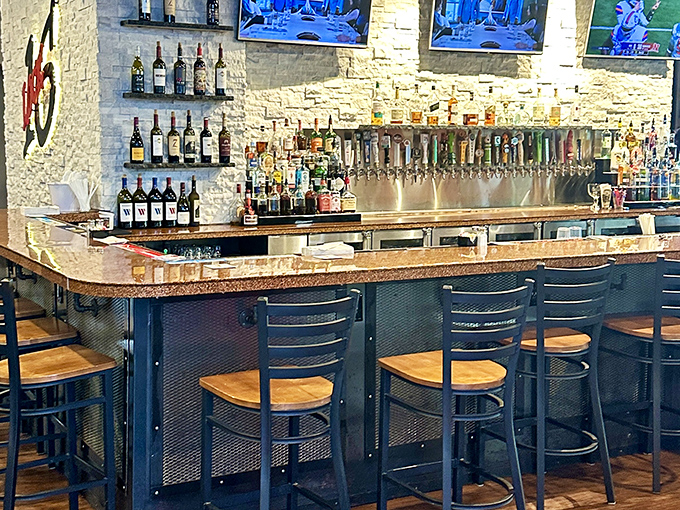 A bar backed by stone and stocked with possibilities. Where decisions about which bourbon to try might be the hardest work you'll do all day.