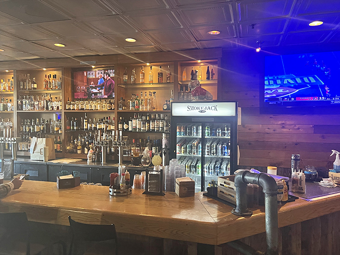 The bar doesn't just stock spirits—it stocks spiritual experiences. That wooden backdrop wasn't distressed; it earned those character marks.