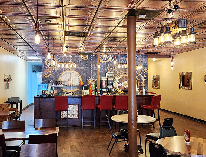 The counter area, where solo diners find community and the industrial-meets-homey aesthetic reminds you that good food doesn't need fancy surroundings to shine.