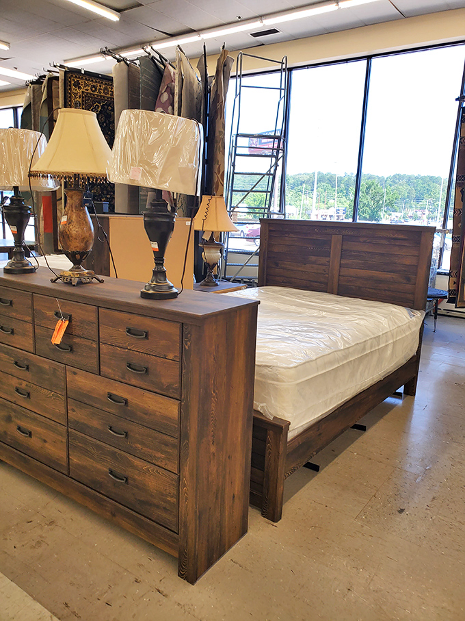 Bedroom sets with history – this rustic wooden bed frame and dresser combo brings farmhouse chic without the farmhouse price tag.