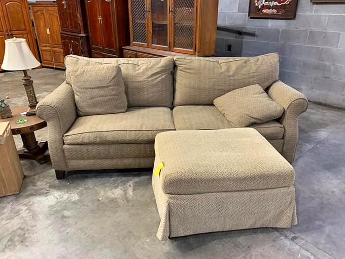 Cozy comfort at bargain prices! This beige sofa and ottoman combo is ready to become the spot where you'll binge-watch an entire season of your favorite show without regret.