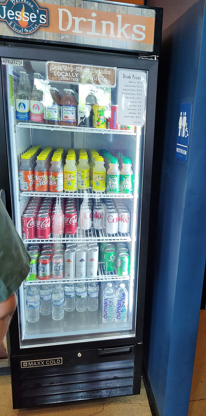 A well-stocked beverage cooler stands ready to quench the fire from all that glorious spice.