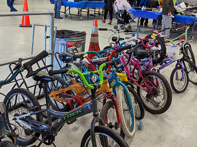 A rainbow of bicycles awaits new adventures. That pink one could be a child's first taste of freedom for less than a tank of gas.