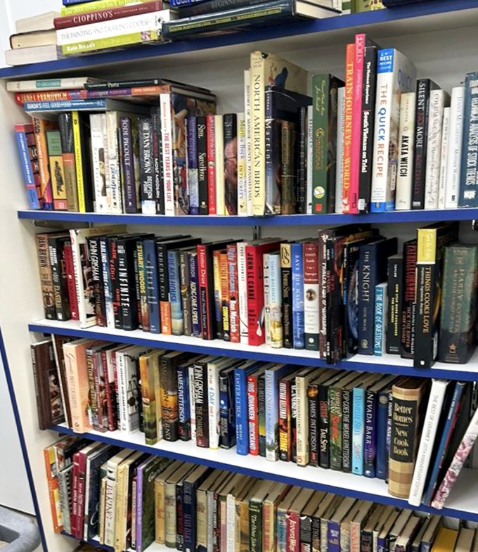 Blue shelves cradle literary adventures where every spine holds someone's finished story, now yours to begin.