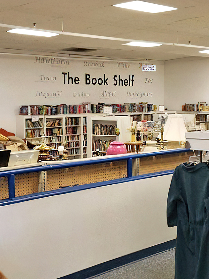 The Book Shelf section pays literary homage to the greats while housing mysteries, thrillers, and abandoned self-help.