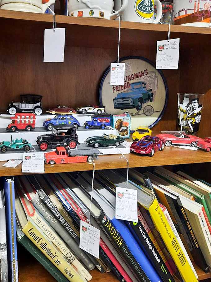 Vintage toy cars and forgotten bestsellers sharing shelf space, like a perfectly preserved slice of a 1960s child's bedroom.