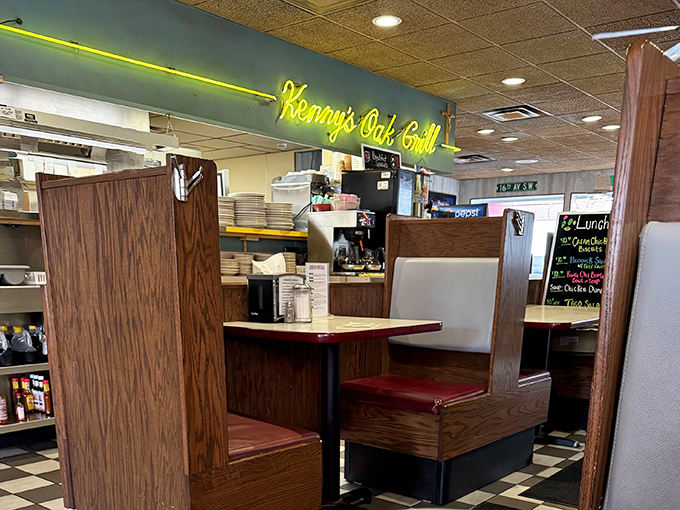 Classic booth seating with a view of the memorabilia-covered walls invites you to settle in for a long meal.