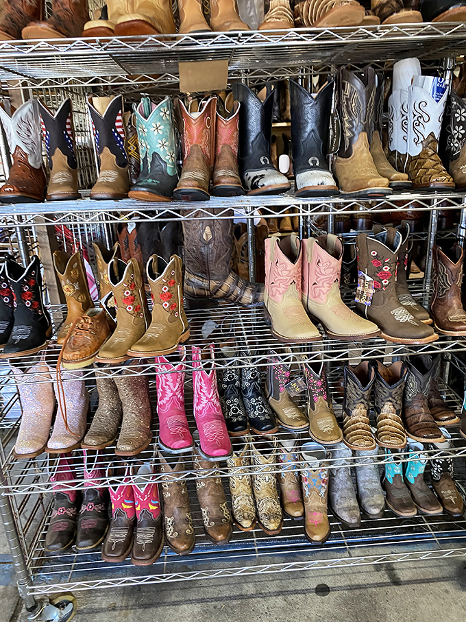 Cowboy boot heaven! Rows of western footwear in every color and pattern imaginable, from practical ranch wear to rhinestone-studded showstoppers.