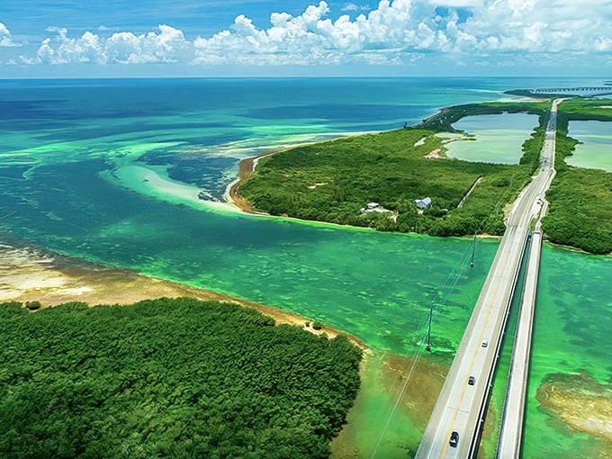 The highway's gentle curve reminds you that the best journeys aren't always straight lines. Each bend reveals another shade of aquamarine.
