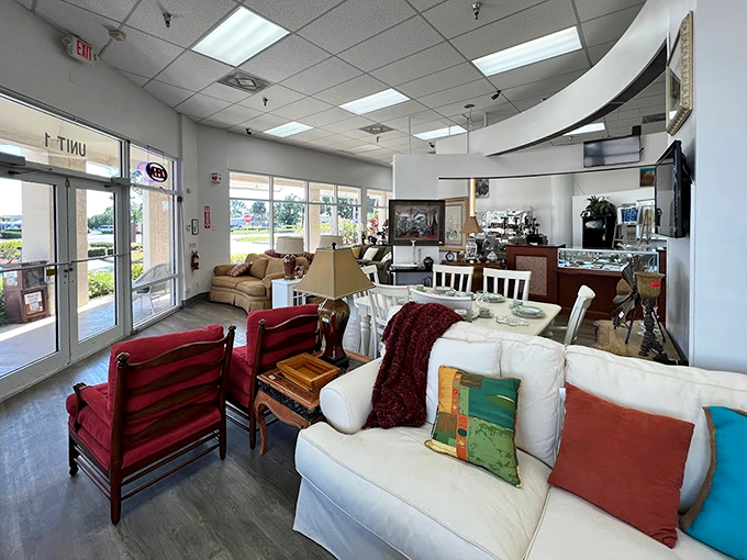 Bright, airy, and thoughtfully arranged&mdash;this corner of the store feels more like an upscale furniture showroom than a thrift shop.