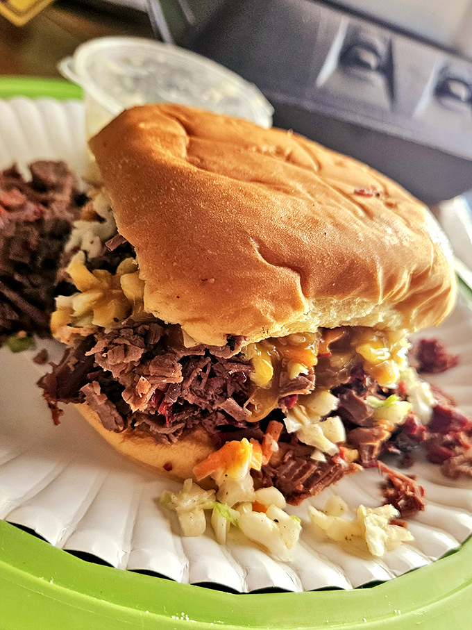 This sandwich doesn't just contain brisket &ndash; it showcases it, with coleslaw and corn playing supporting roles in this handheld masterpiece.