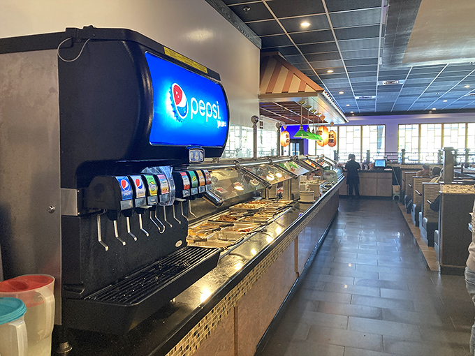 The soda fountain stands sentinel beside the buffet line&mdash;because washing down all these flavors requires proper hydration strategy.