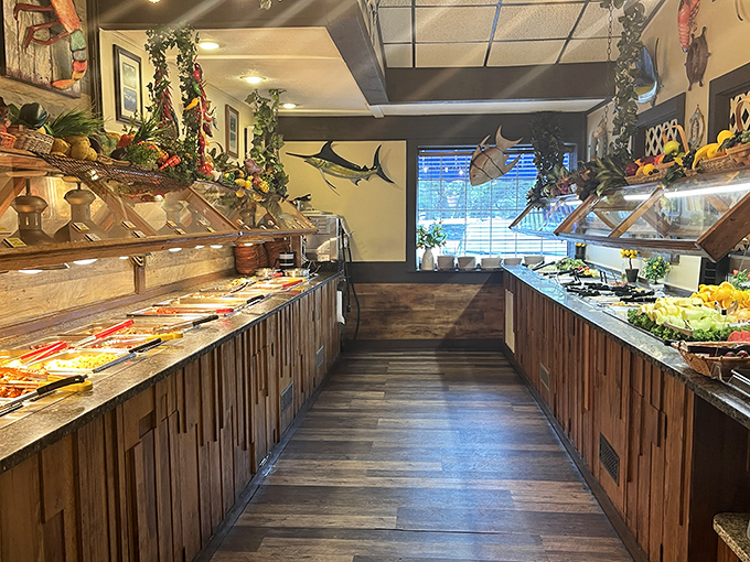 The buffet corridor—a wooden-clad runway where seafood struts its stuff before making its grand entrance onto your plate.