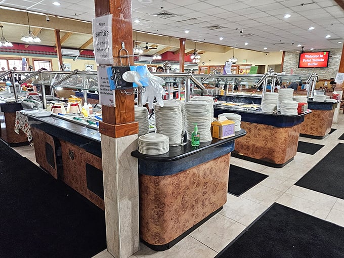 Buffet stations stand ready like soldiers in formation, prepared to satisfy every comfort food craving.