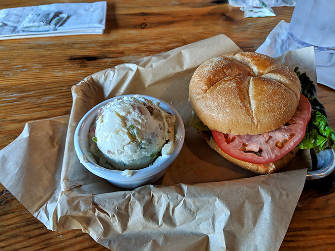 A sandwich that demands respect and a side of potato salad that refuses to be overshadowed&mdash;this is lunch diplomacy at its finest.