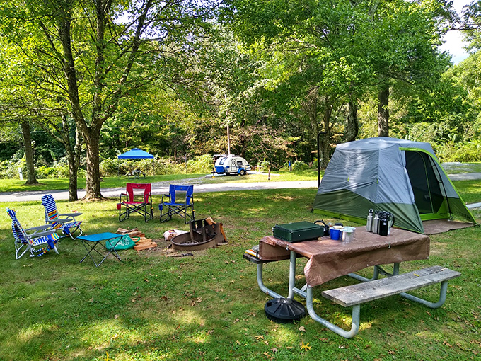 Camping done right&mdash;fire pit ready for s'mores, chairs positioned for storytelling, and not a conference call in sight. This is what "out of office" should look like.