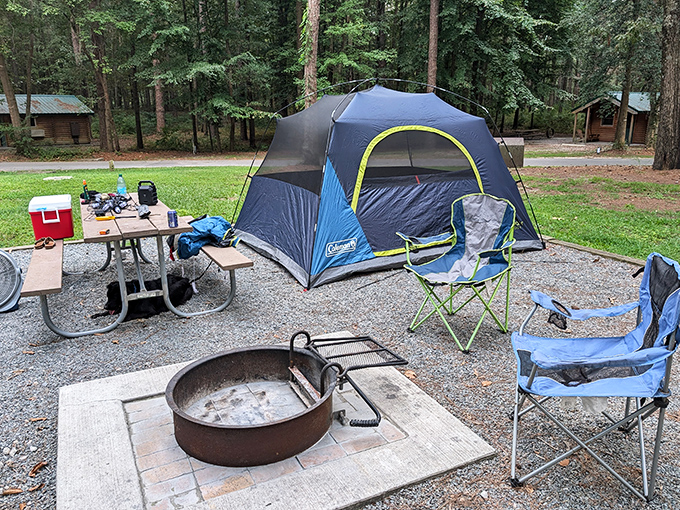 S'mores central! This picture-perfect campsite has all the ingredients for an evening of fireside philosophizing and sticky fingers.