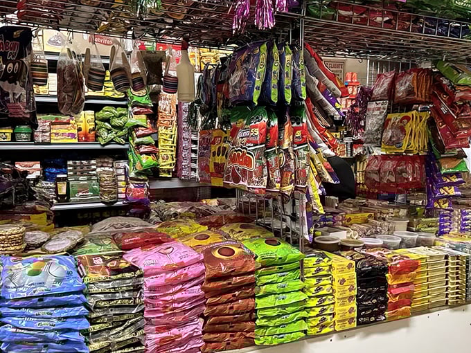 A rainbow of snack temptation! These vibrant Mexican candy displays prove that treasure hunting works up an appetite for the exotic.