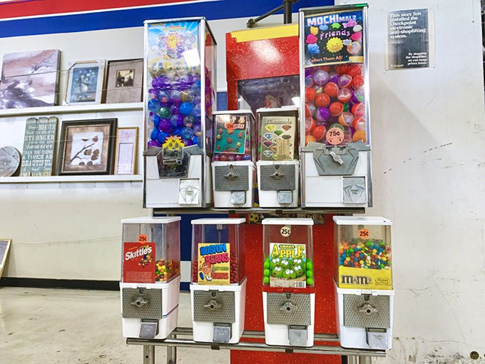 Vintage candy machines offering childhood nostalgia by the quarter. The gumballs might be questionable, but the memories are priceless.