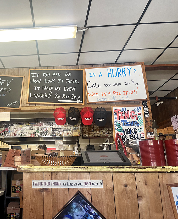 Signs that warn "If you ask us how long it takes, it takes us even longer!" tell you everything about Angie's refreshingly honest attitude.