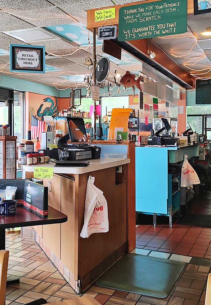 The checkout counter doubles as mission control for seafood dreams. That sign promising "made from scratch" isn't just words&mdash;it's their solemn oath.