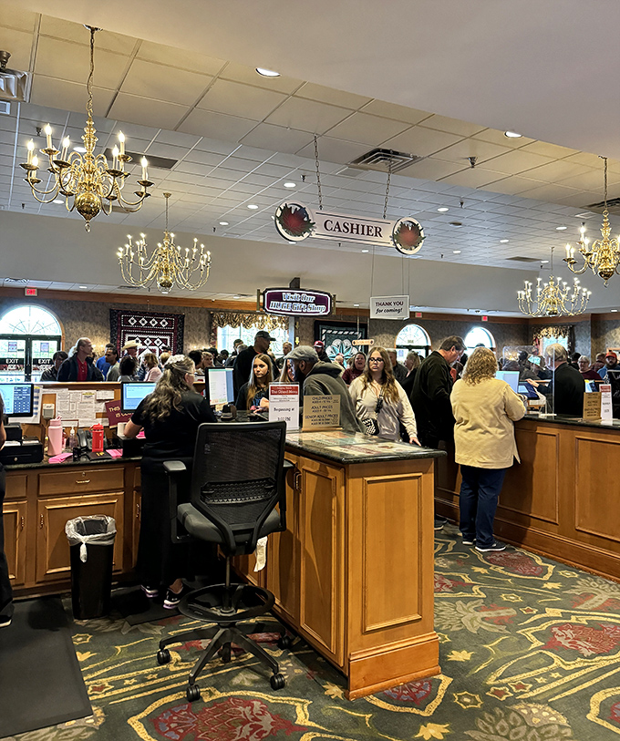 The cashier area bustles with activity&mdash;the final checkpoint before entering a world where portion control becomes a distant memory.