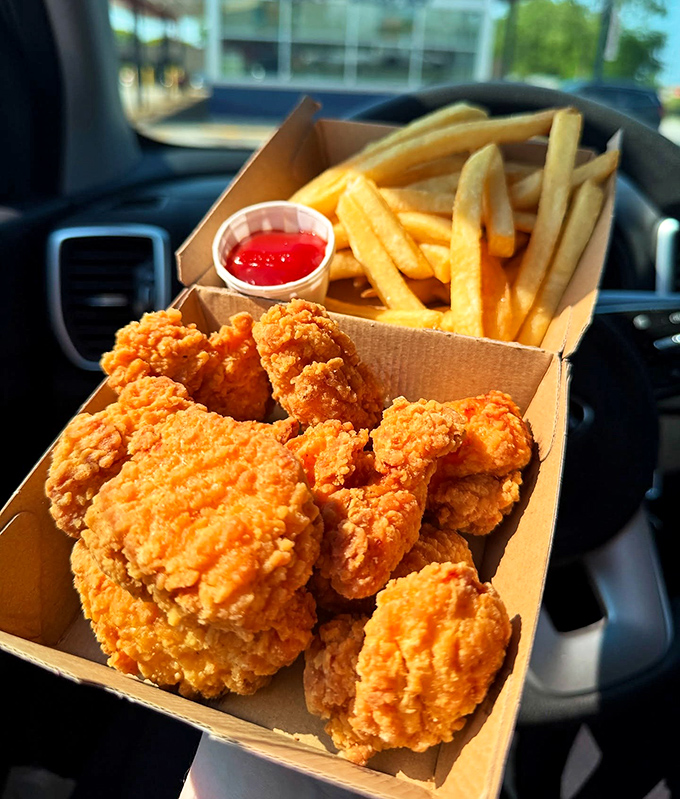 Golden-fried chicken nuggets that make you question why you ever eat anything else. Simple perfection in a cardboard box.
