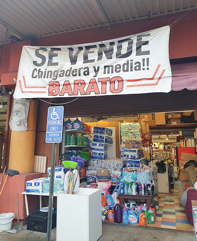 The "everything you need and didn't know you needed" shop. That sign promises bargains, and the shelves deliver household essentials galore.
