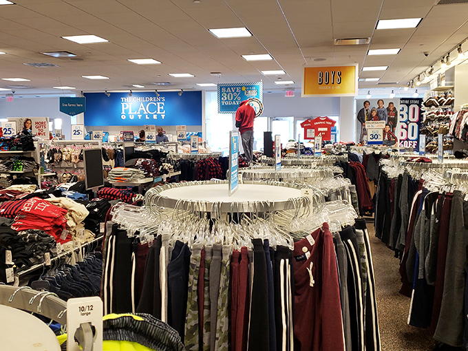 The Children's Place and more&mdash;where parents discover that outfitting growing kids doesn't require growing debt. Those circular racks are carousels of savings.