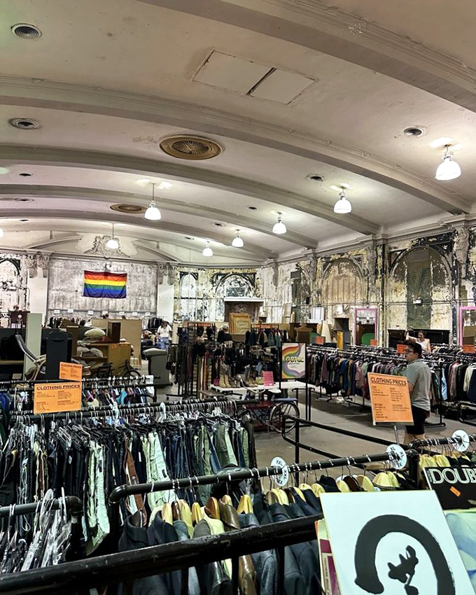 The clothing section stretches beneath elegant arched ceilings&mdash;a cathedral of fashion where yesterday's trends await rediscovery.