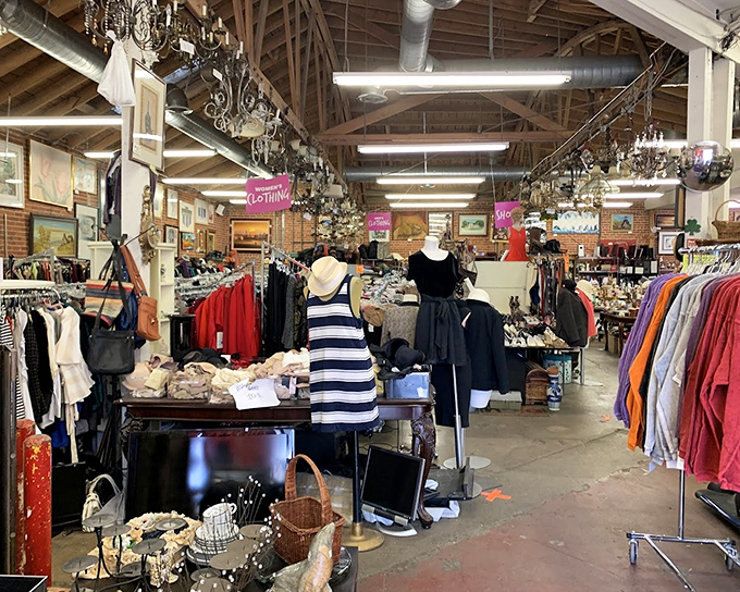 The clothing section hangs with possibility. Vintage dresses and contemporary basics mingle under the watchful gaze of chandeliers that have seen it all.
